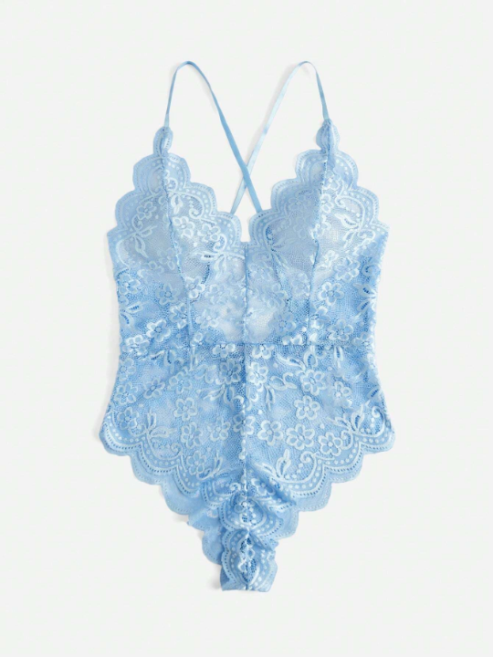 ROMWE Kawaii Floral Lace Scallop Trim Backless Teddy Bodysuit